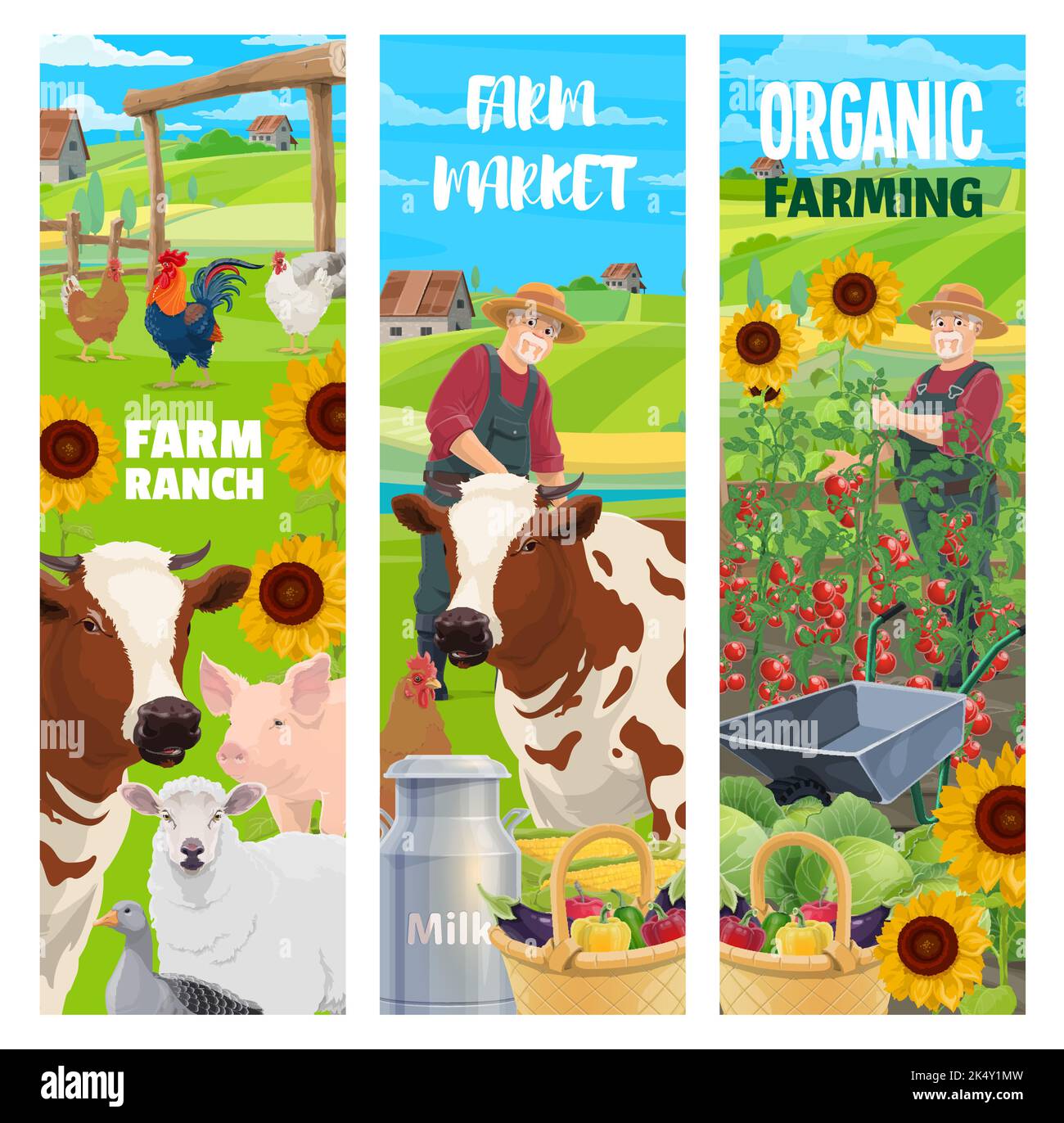 Farm animals and farmer on field. Agriculture vertical backgrounds ...