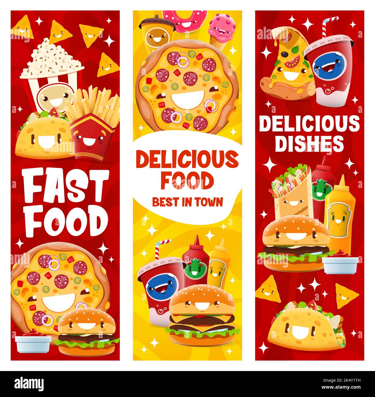 Cartoon takeaway fast food characters. Popcorn, french fries and tacos ...