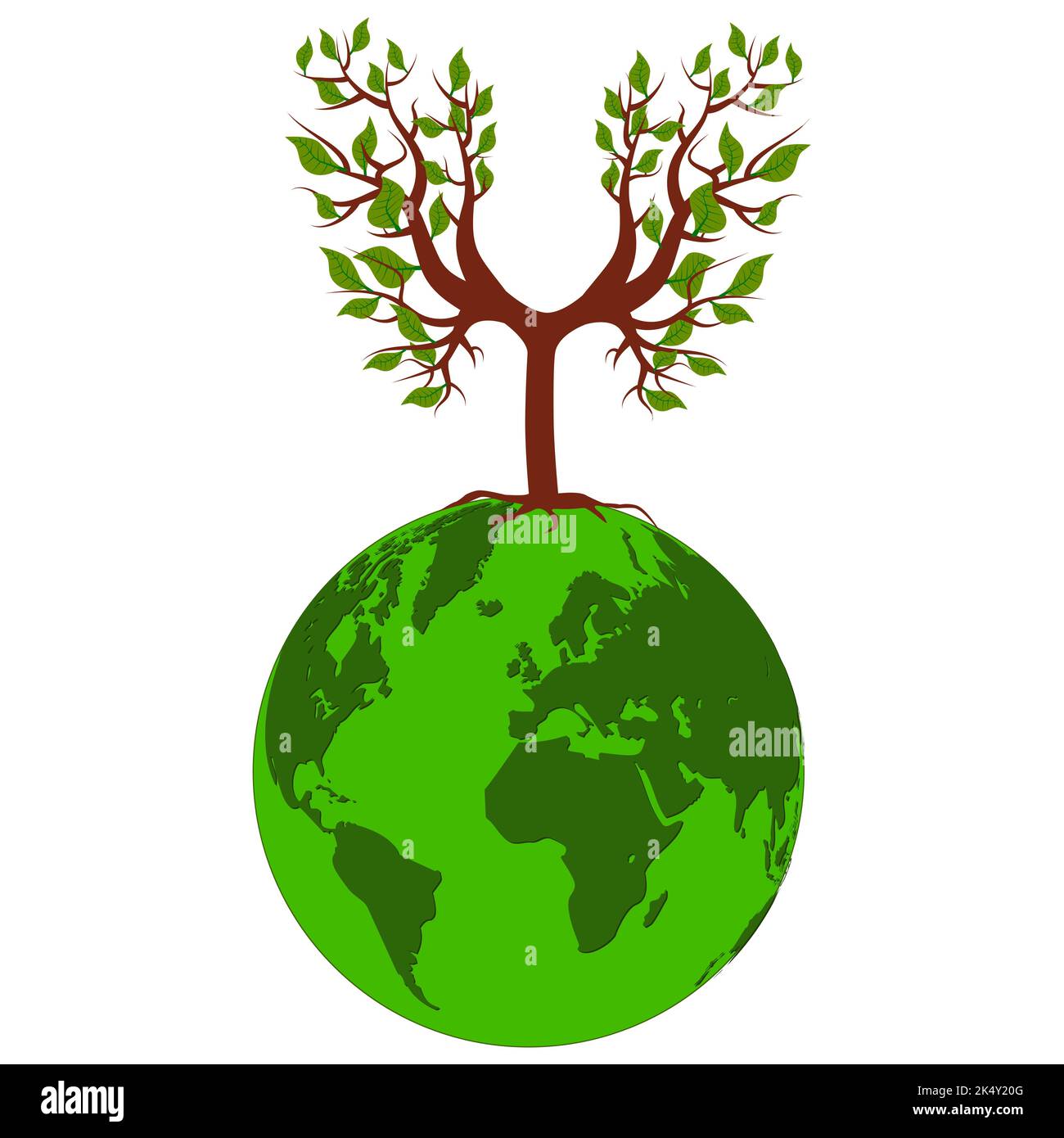 Young tree with green leaves on green planet earth isolated on white ...