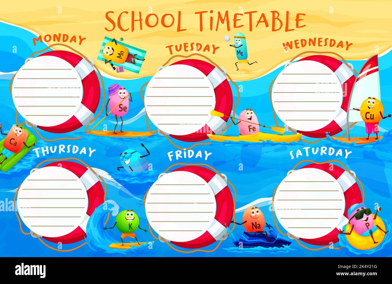 School timetable schedule, cartoon vitamin and mineral characters on ...