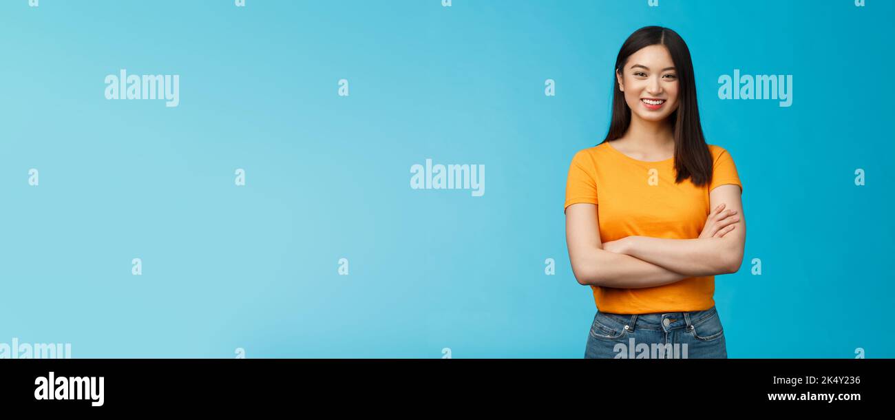 Friendly outgoing good-looking female asian coworker chatting ...
