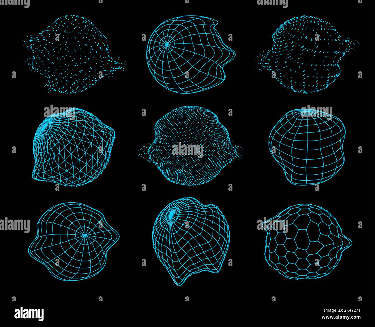 Futuristic sphere shapes, 3D globe wireframe with abstract grid, vector circle ball mesh ...