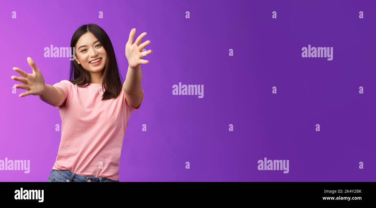 Friendly tender lovely asian woman meet sister train station, extend ...