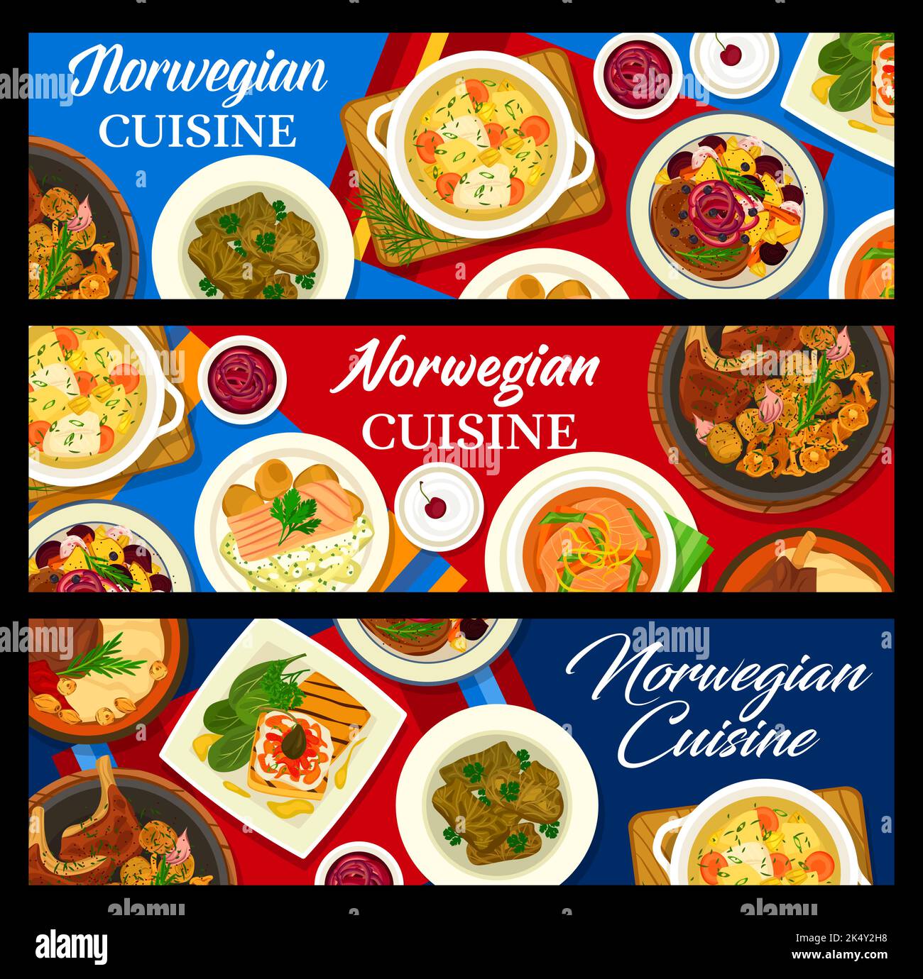 Norwegian cuisine vector banners with fish and meat food dishes ...