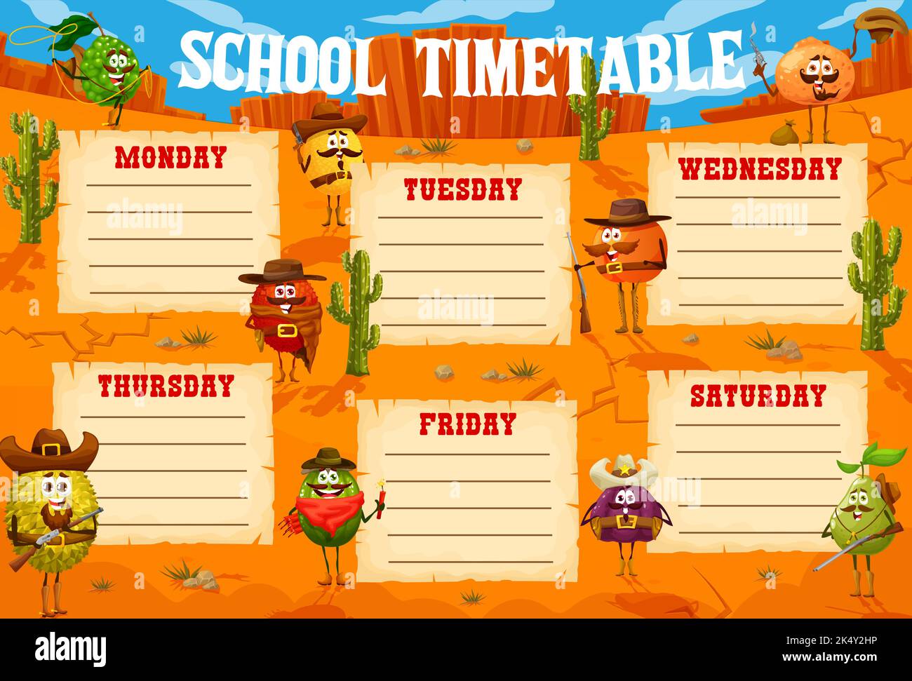 School timetable schedule. Western cartoon cowboy, bandit and ranger ...