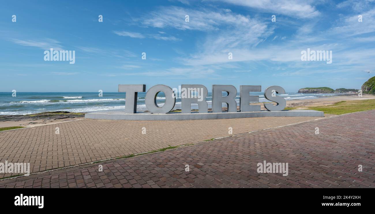 Torres City Sign at Prainha Beach with Furnas Hill (Morro das Furnas ...