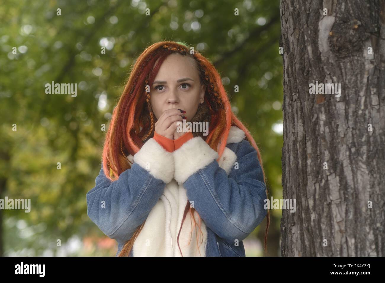 Young frozen woman with dreadlocks standing near tree in cold weather ...