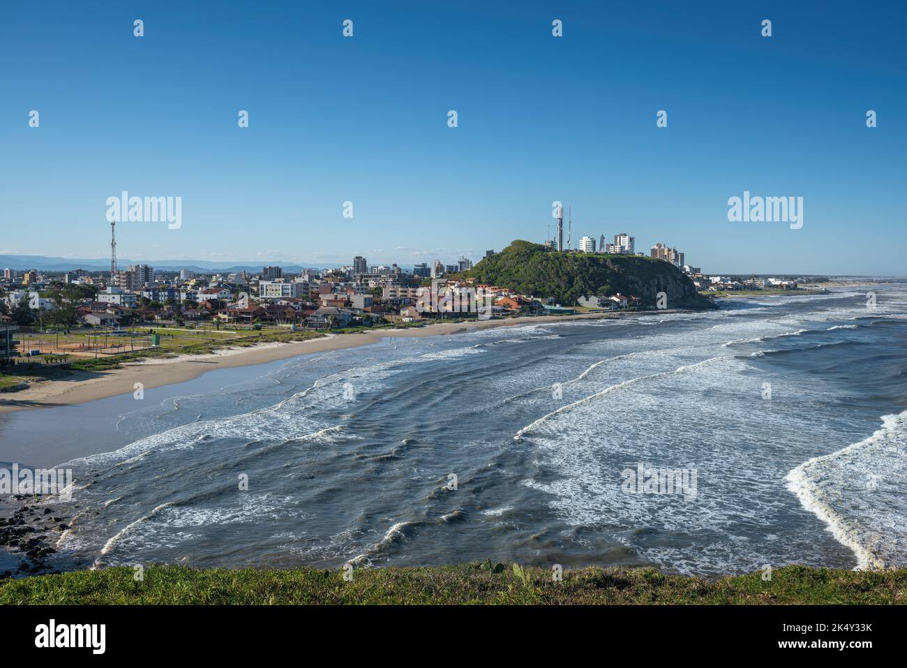 Aerial view of Praia da Cal Beach and Lighthouse Hill (Morro do Farol ...