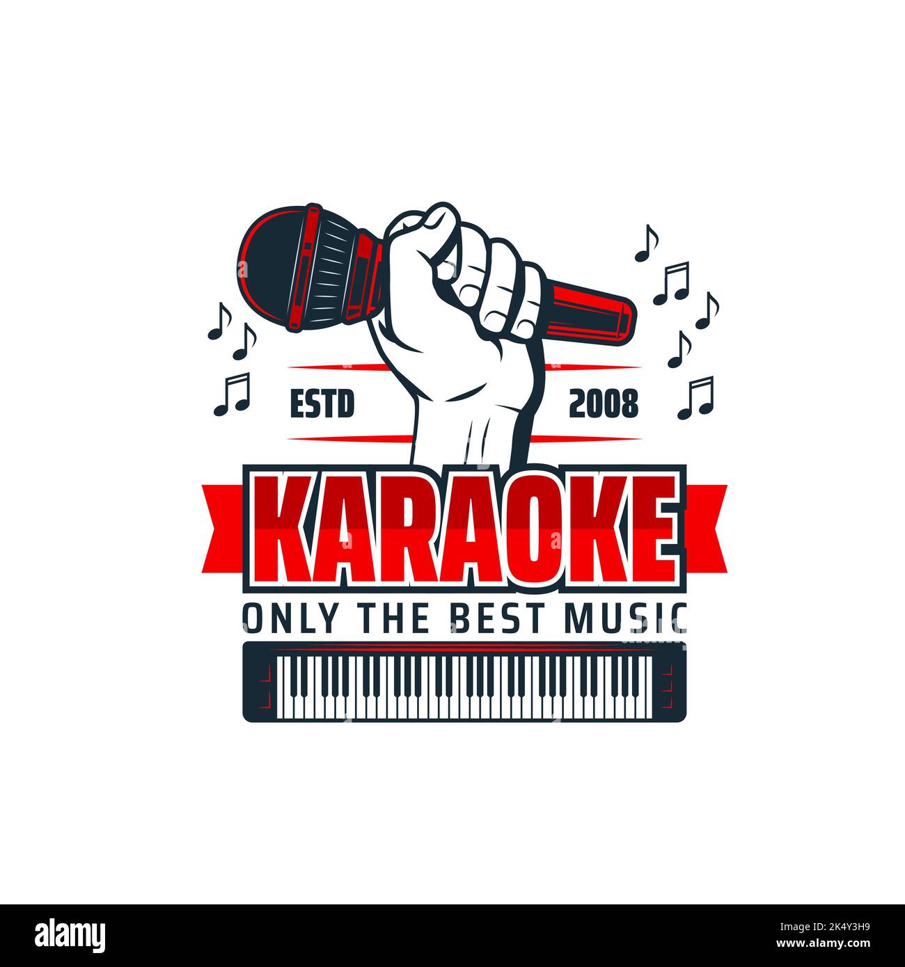 Karaoke music vector icon of microphone in hand, piano keyboard and ...