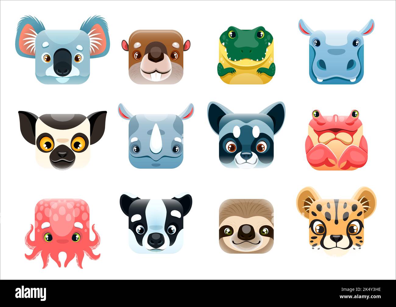 Cartoon kawaii square animal faces, emoticons smiles and emoji vector ...