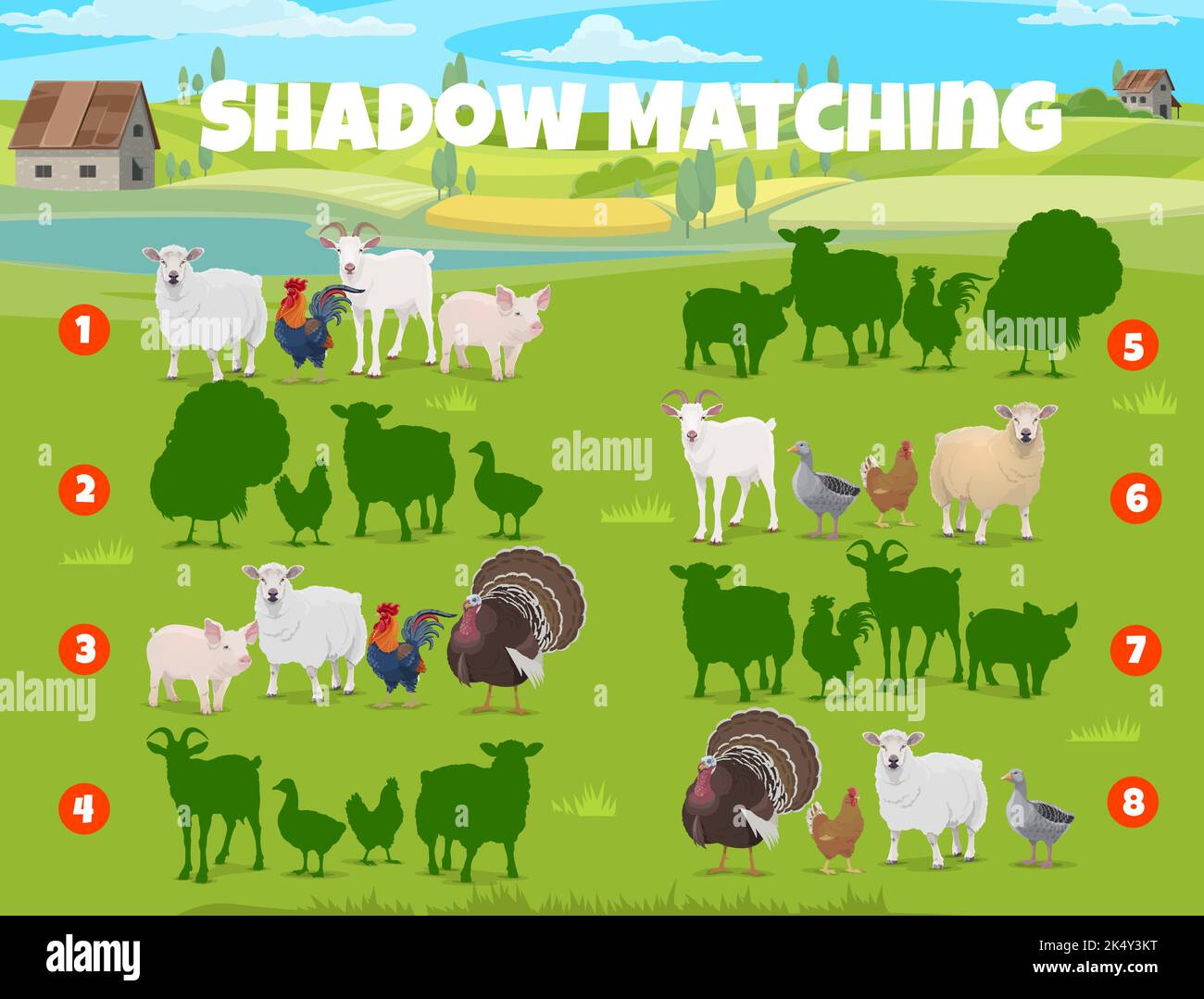 Farm animals and cattle. Shadow matching game worksheet. Animal ...