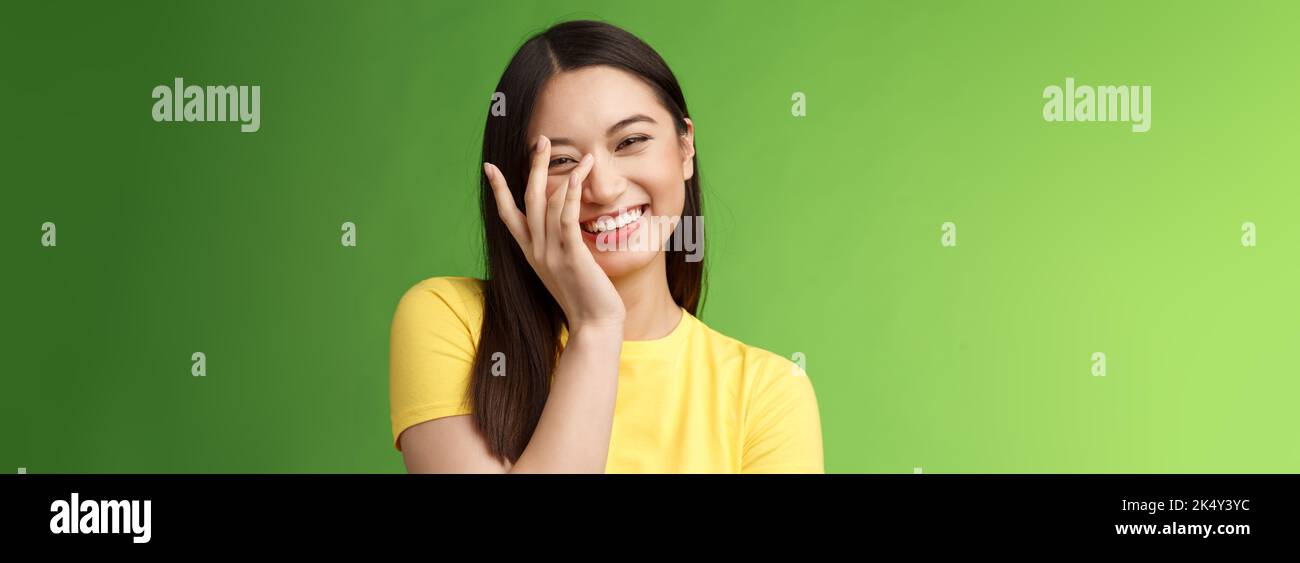 Waist-up sincere happy cheerful tender feminine asian woman brunette ...