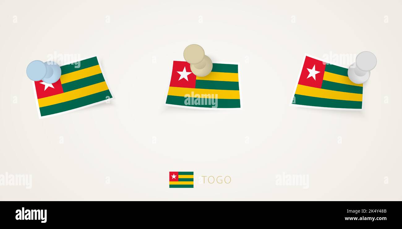 Pinned flag of Togo in different shapes with twisted corners. Vector ...