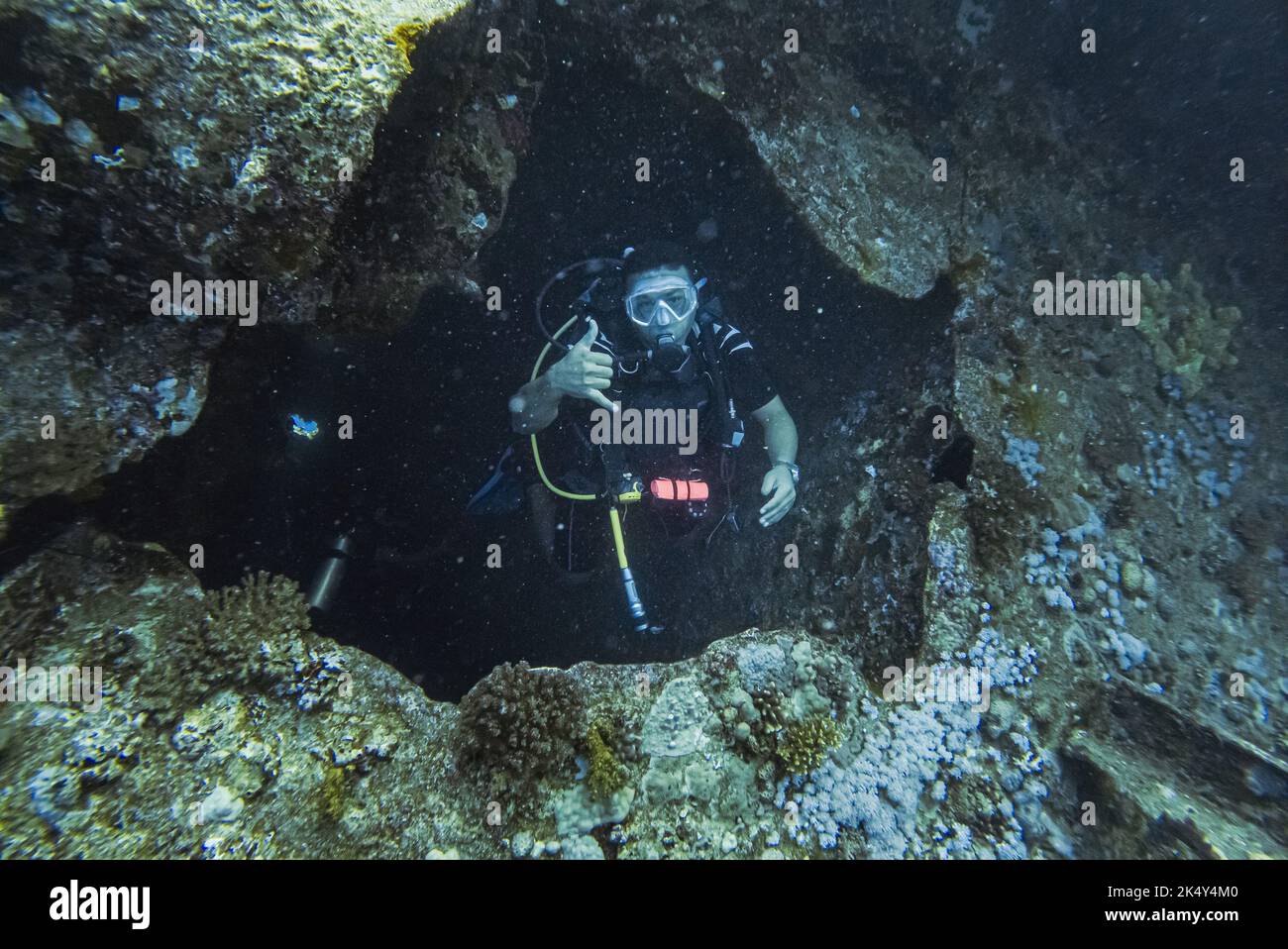 Scuba diver exploring the interior of a shipwreck Chrisoula K on ...