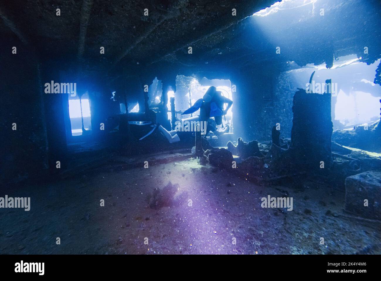 Scuba diver exploring the interior of a shipwreck Chrisoula K on ...