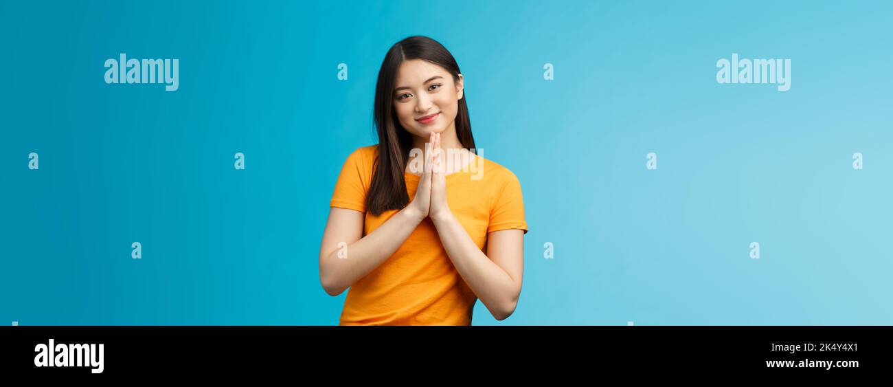 Pretty please girl asking politely. Cute charming asian woman smiling ...