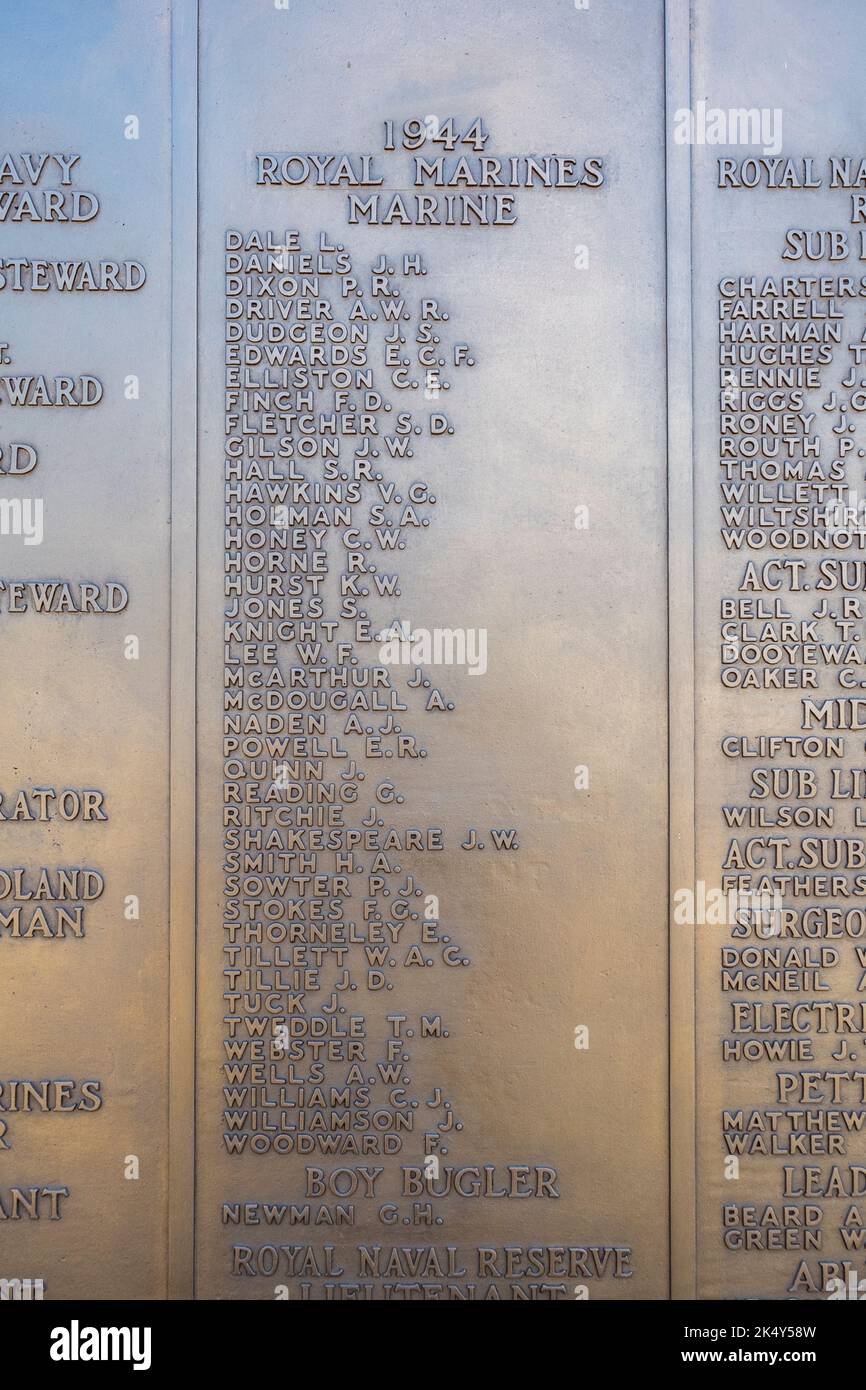 Memorial plaques on the walls of Chatham Naval Memorial, Chatham, Kent ...