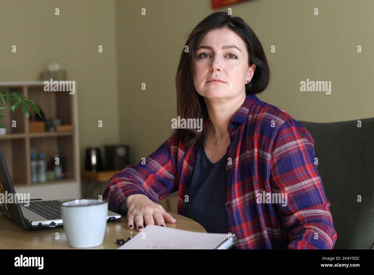 Calm Silent Tired Stressed Unproductive Dark Haired Woman Working In