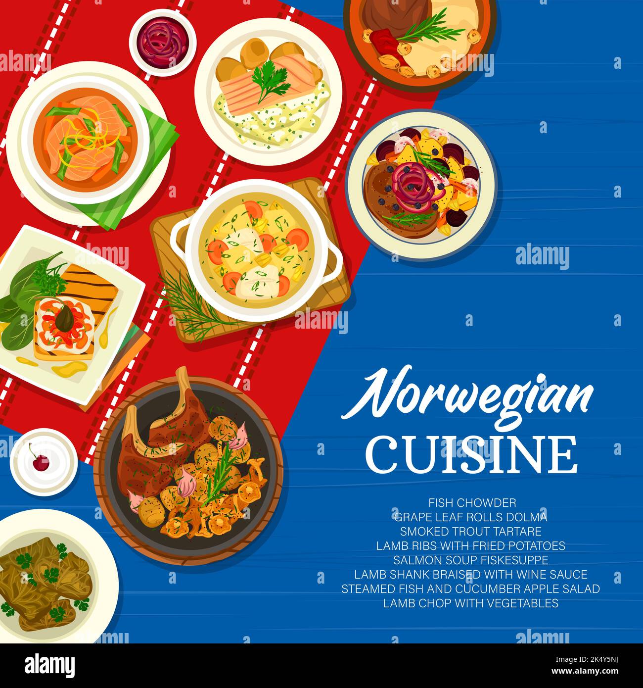 Norwegian cuisine restaurant menu cover with vector dishes of meat ...
