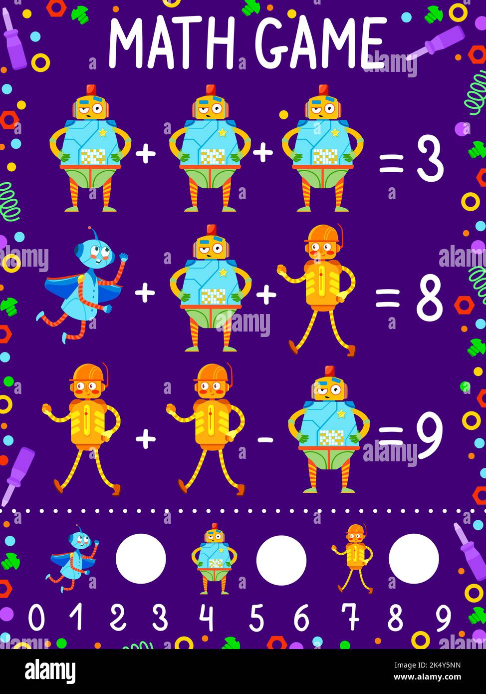 Math game worksheet. Cartoon robot and droid characters, vector ...