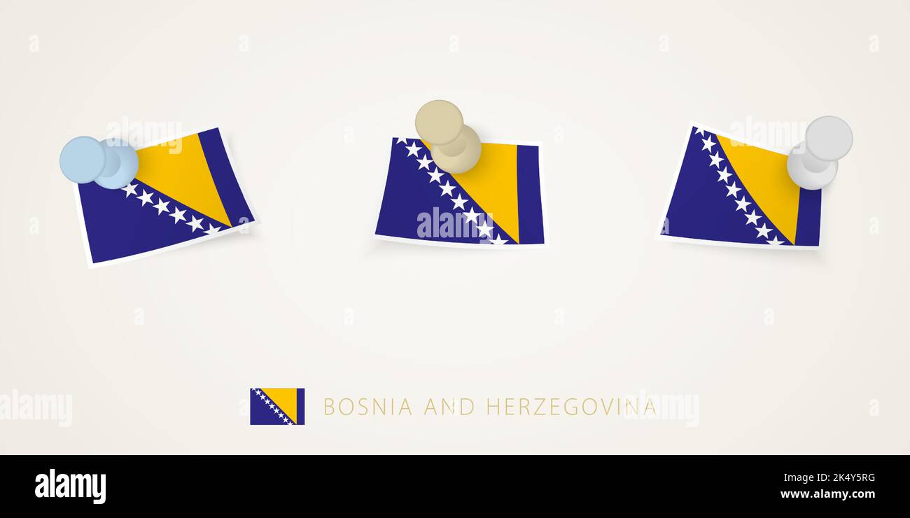 Pinned flag of Bosnia and Herzegovina in different shapes with twisted corners. Vector pushpins ...