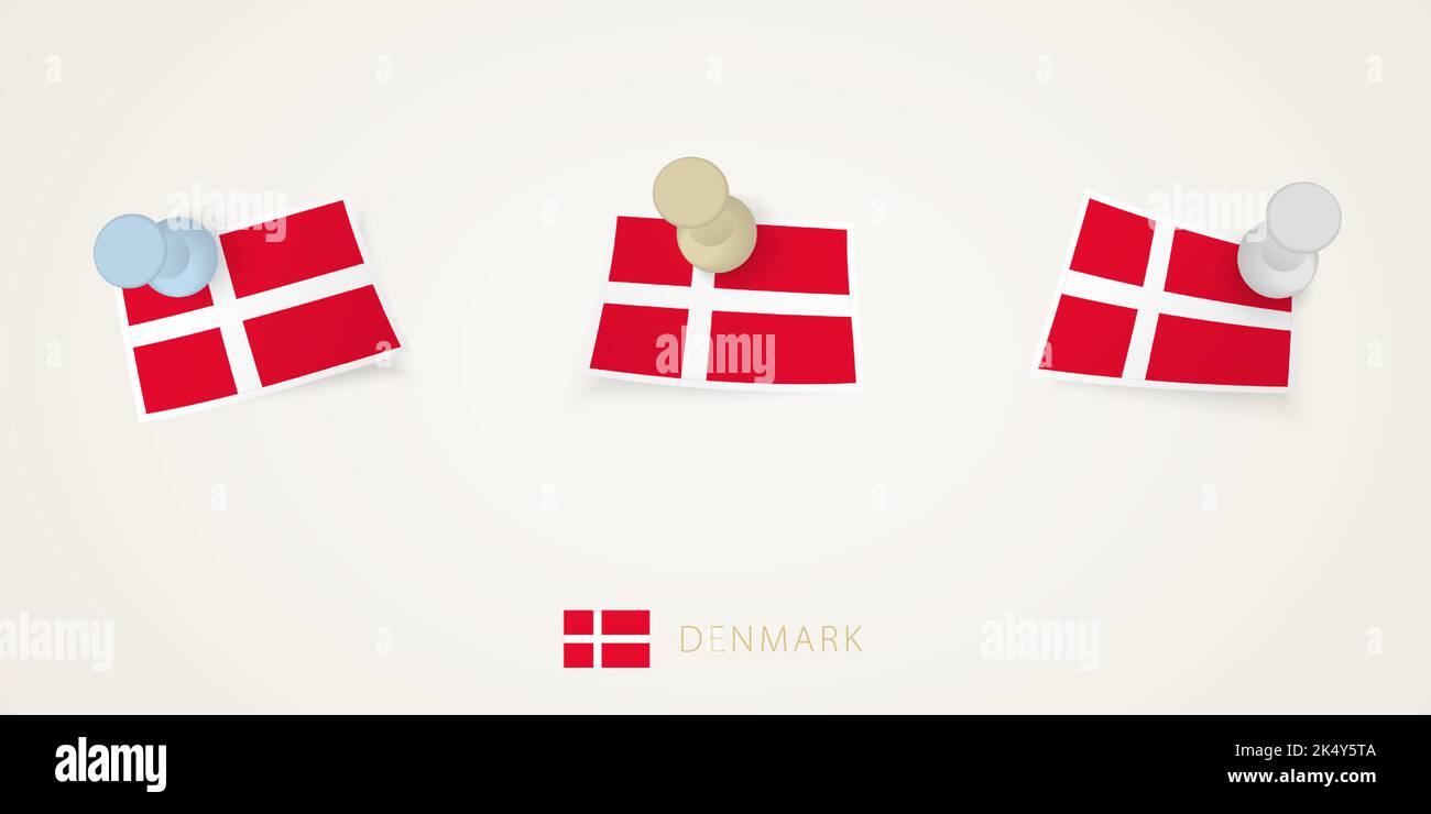 Pinned flag of Denmark in different shapes with twisted corners. Vector ...