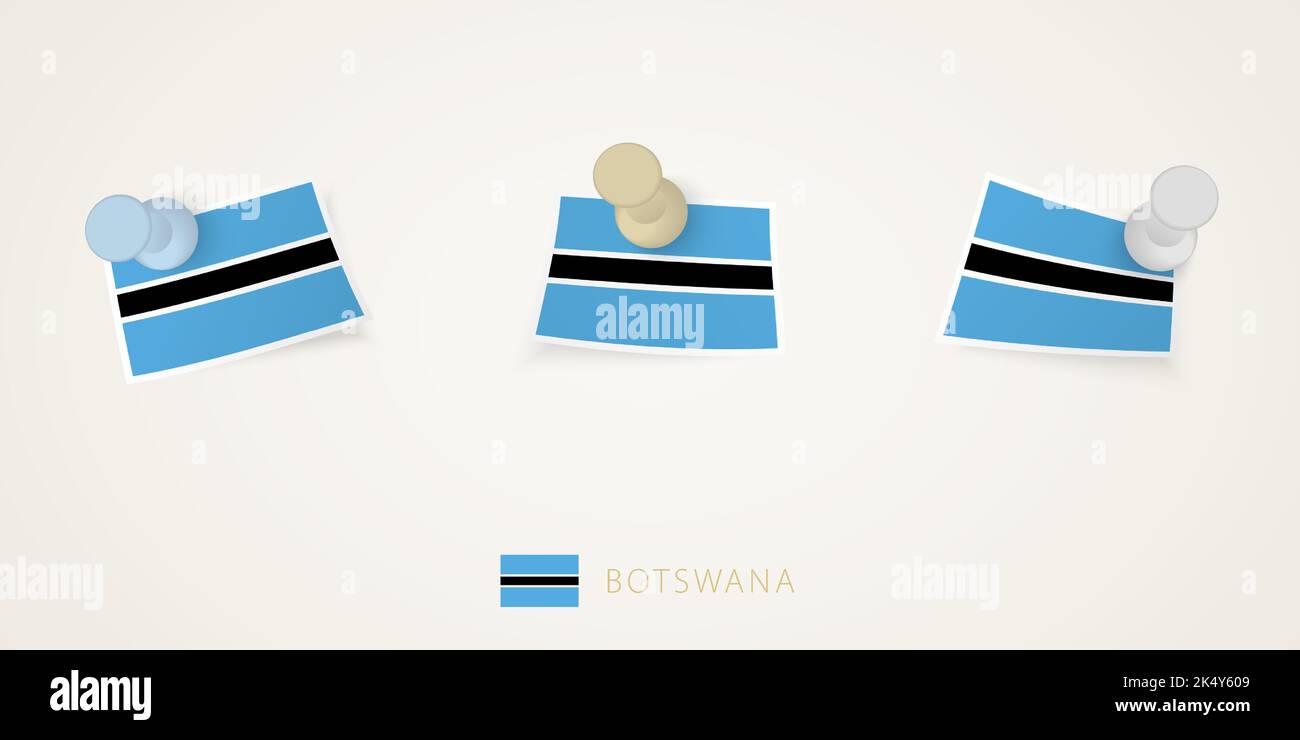 Pinned flag of Botswana in different shapes with twisted corners. Vector pushpins top view. Flag ...