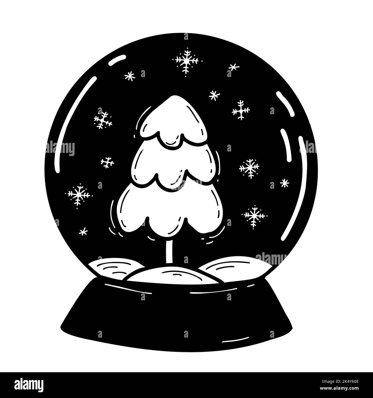 Christmas snow globe with New Year tree. Vector hand drawing in doodle ...