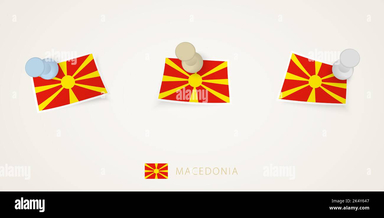 Pinned flag of Macedonia in different shapes with twisted corners. Vector pushpins top view ...