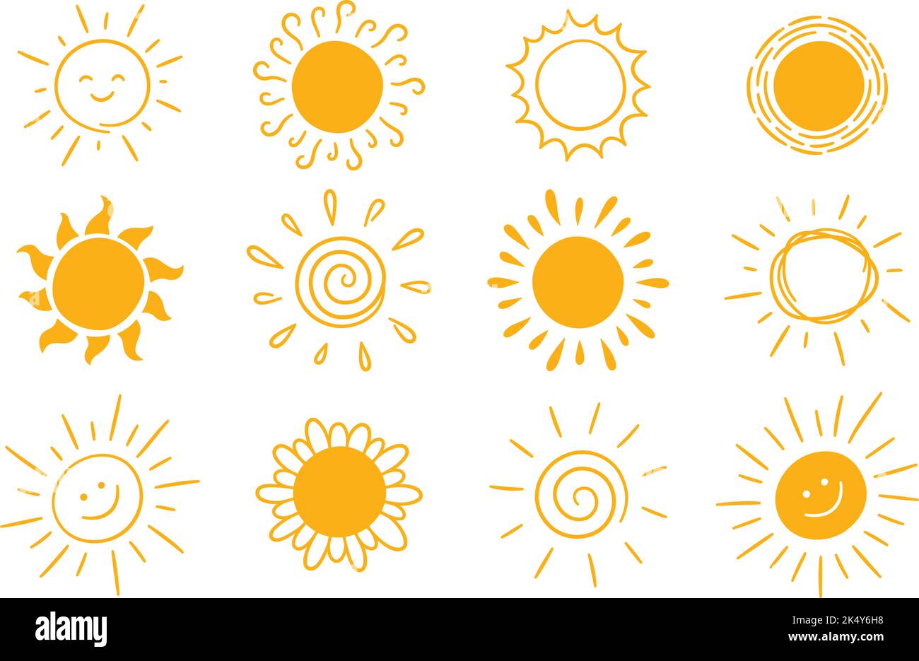 Doodle different sun icons set. Scribble yellow sun with rays symbols ...