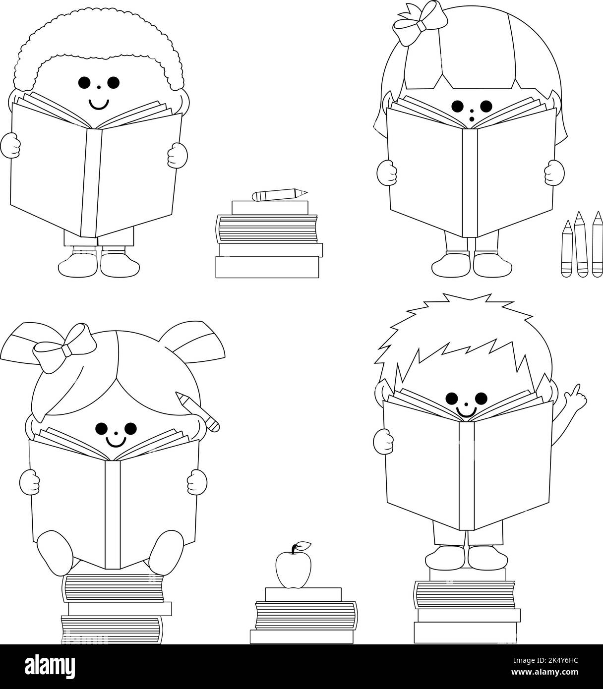Group of children reading books. Vector black and white coloring page ...