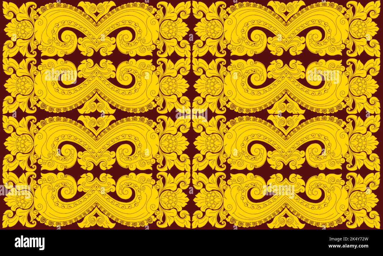 A bright golden pattern in Indonesian batik style on brown background ...