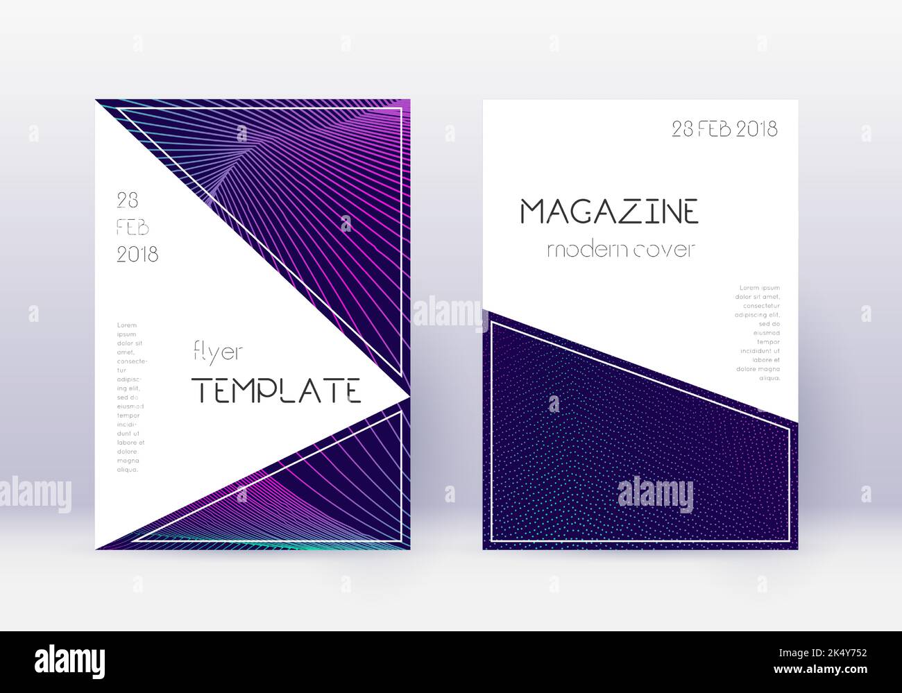 Triangle cover design template set. Neon abstract lines on dark blue ...