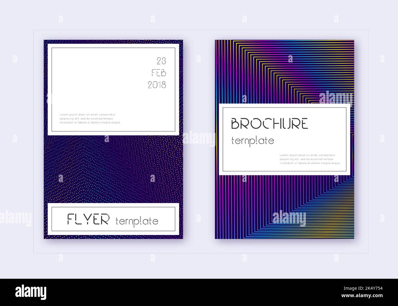 Stylish cover design template set. Rainbow abstract lines on dark blue ...