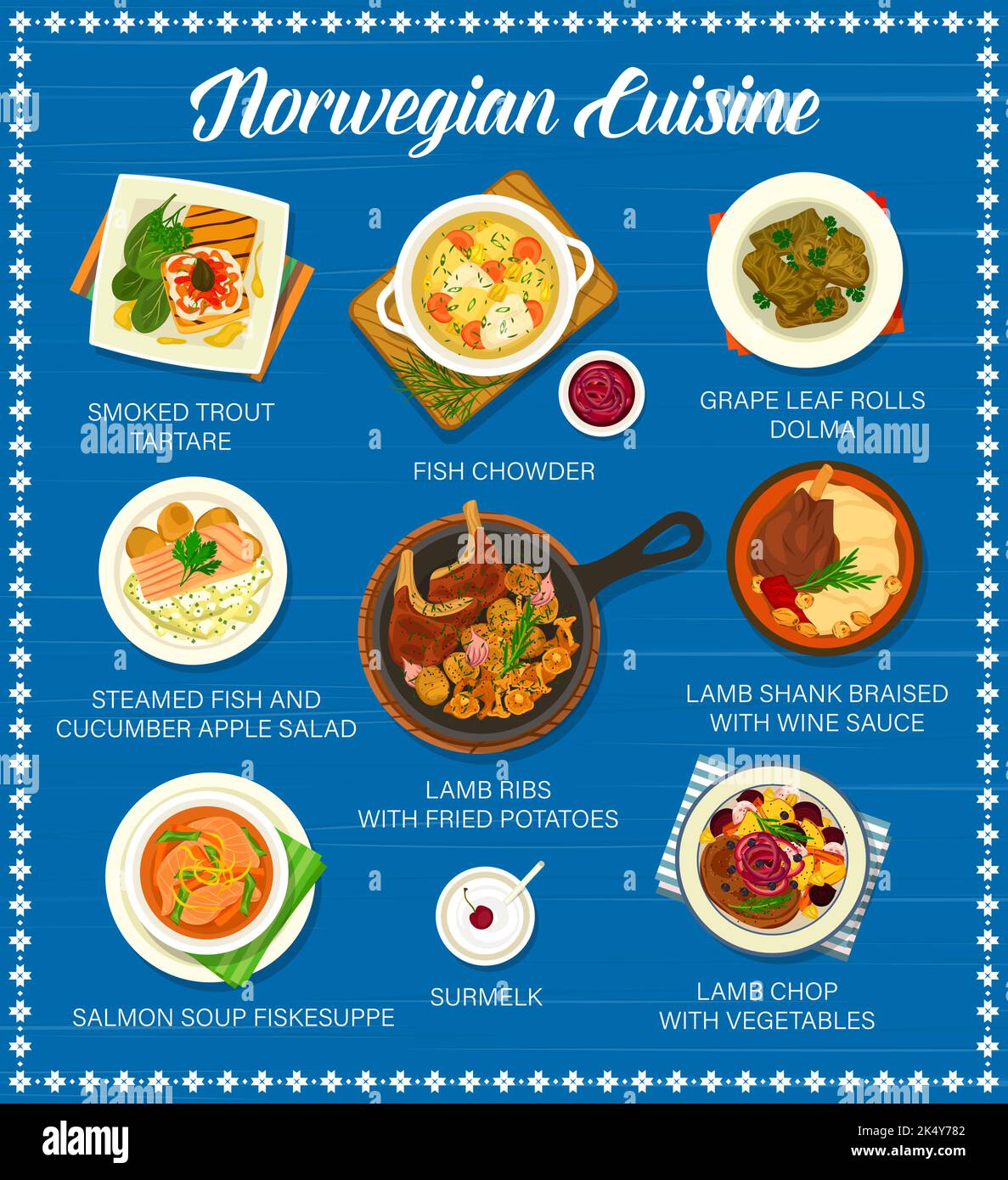 Norwegian cuisine menu with vector fish and meat food, vegetable fruit ...