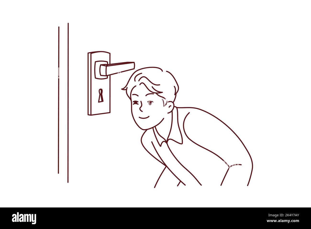 Suspicious young man look in door lock. Smiling guy peep in door hole ...