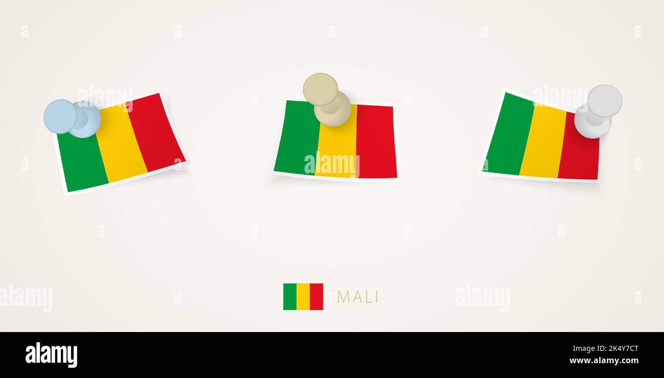 Pinned flag of Mali in different shapes with twisted corners. Vector pushpins top view. Flag set ...