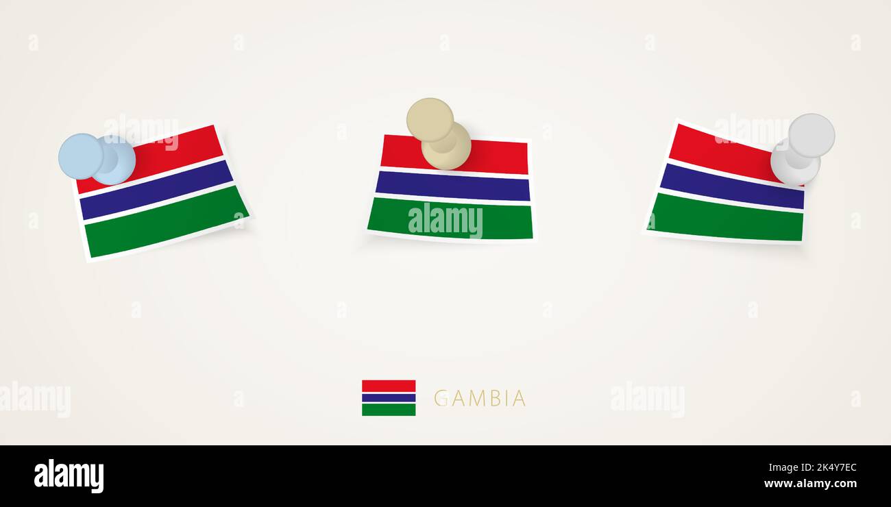 Pinned flag of Gambia in different shapes with twisted corners. Vector ...