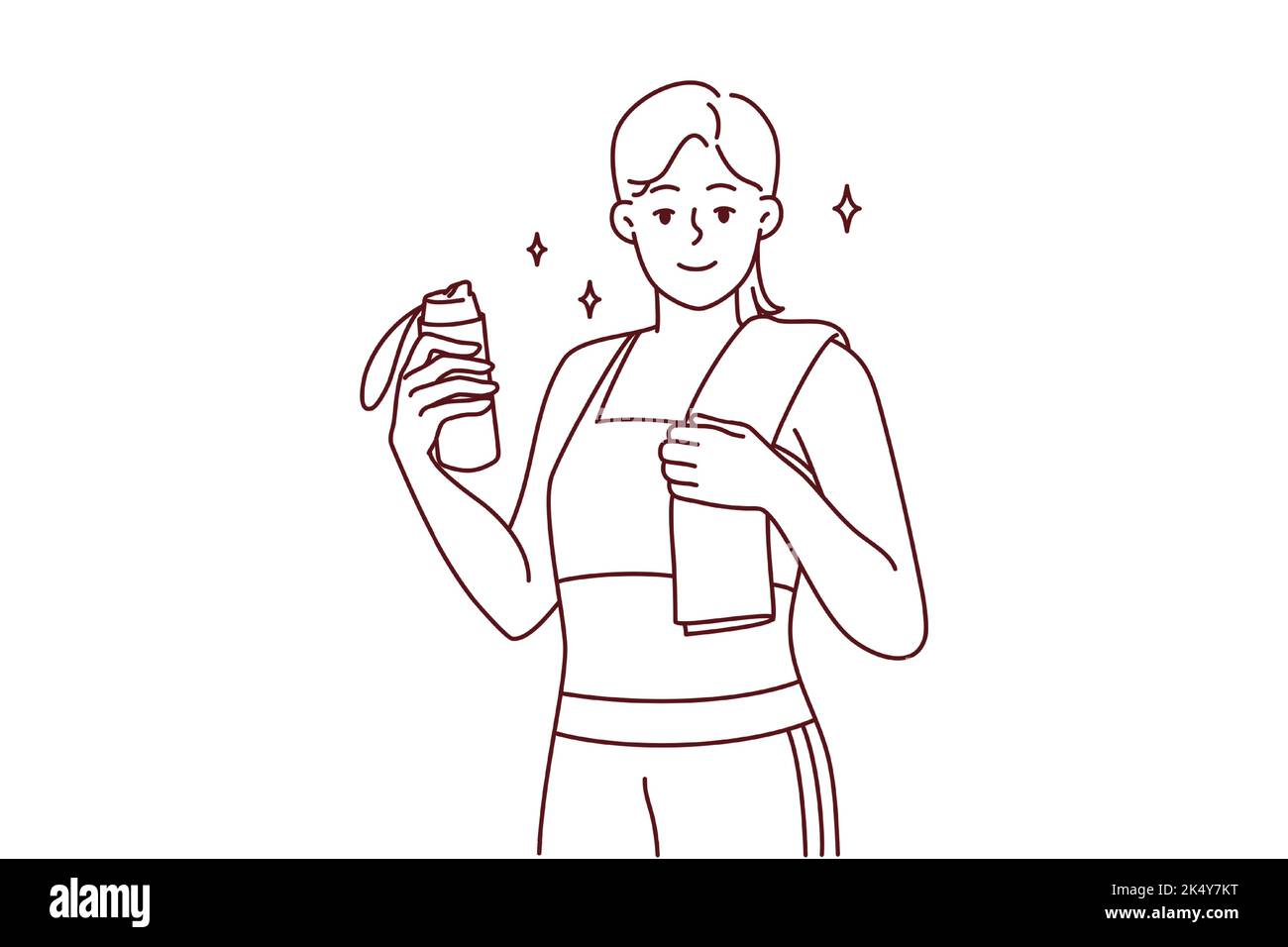 Portrait of smiling toned young woman in sportswear follow healthy ...