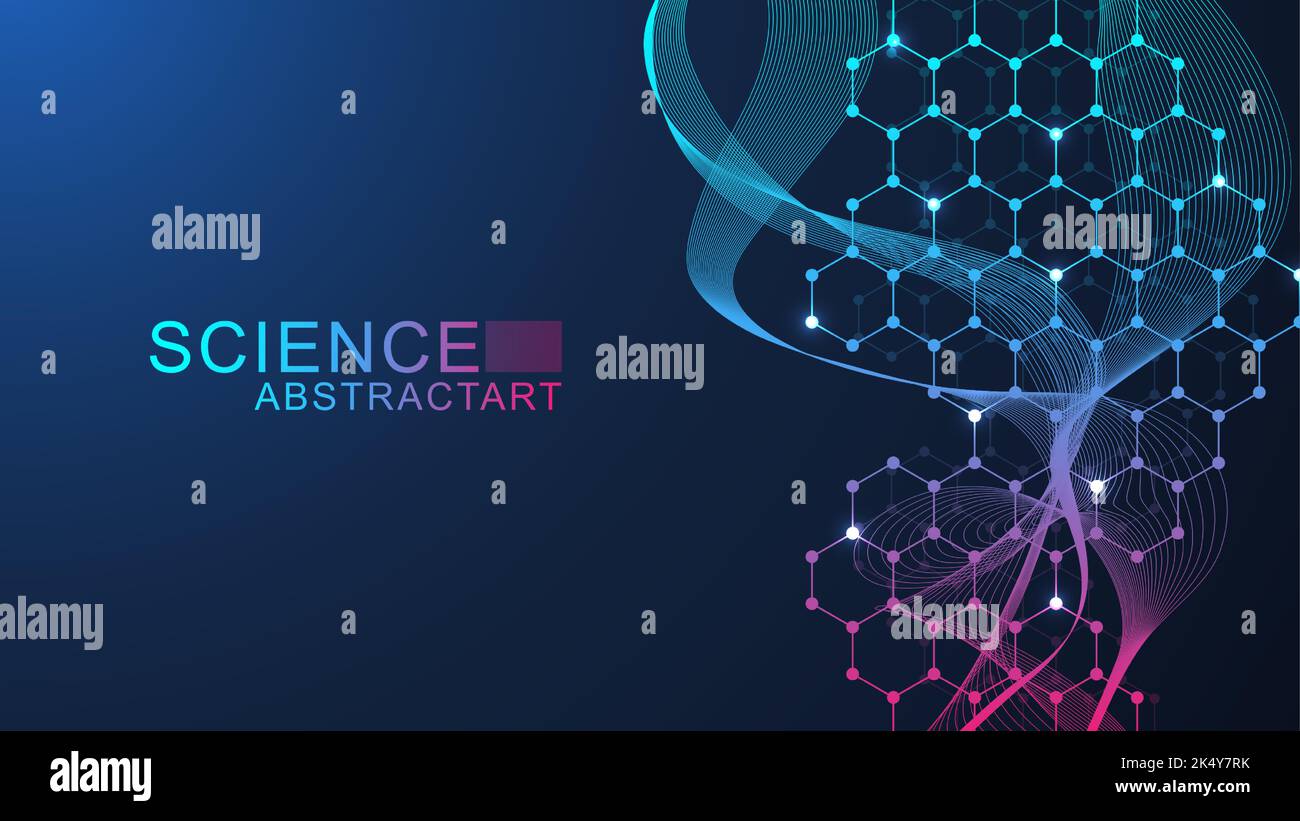 Modern scientific background with lines, dots and hexagons. Wave flow ...