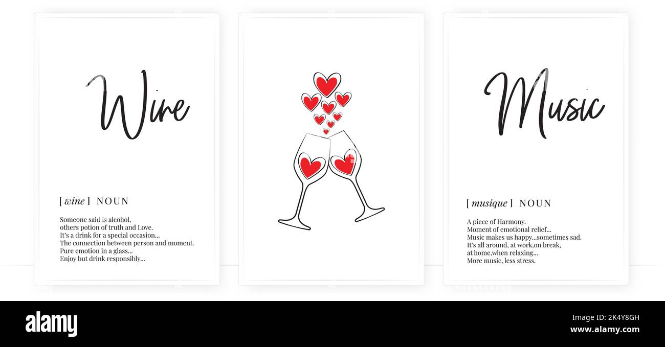 Wine and music, noun description, vector. Minimalist modern poster ...