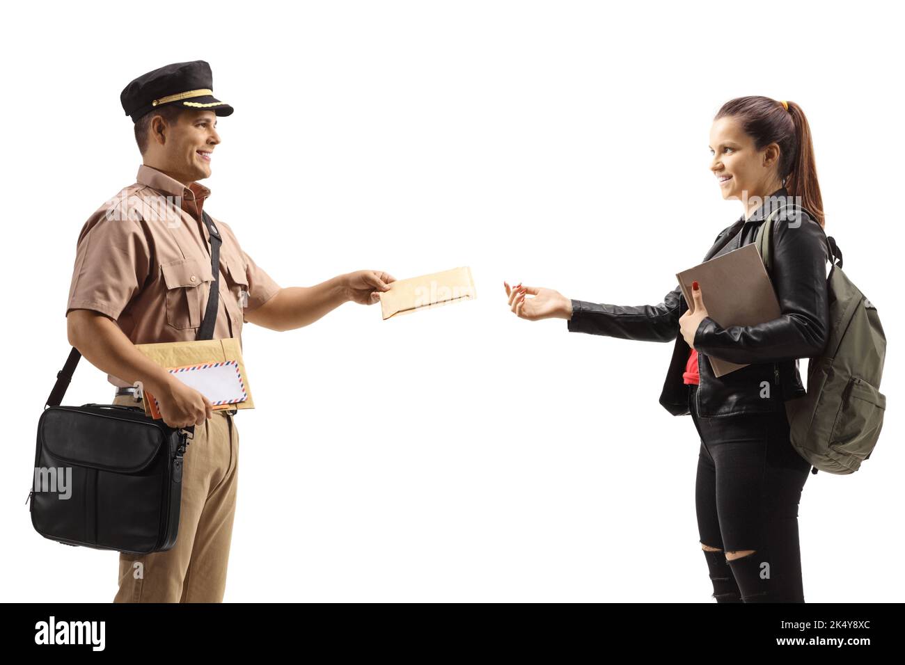 Profile shot of a mailman delivering post to a female student isolated ...