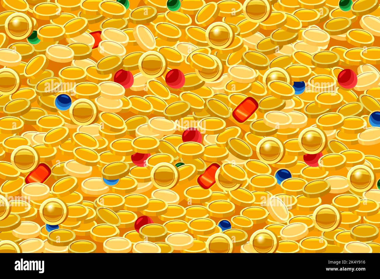 Gold coin background, pile of gold coins with gem stones treasure top ...