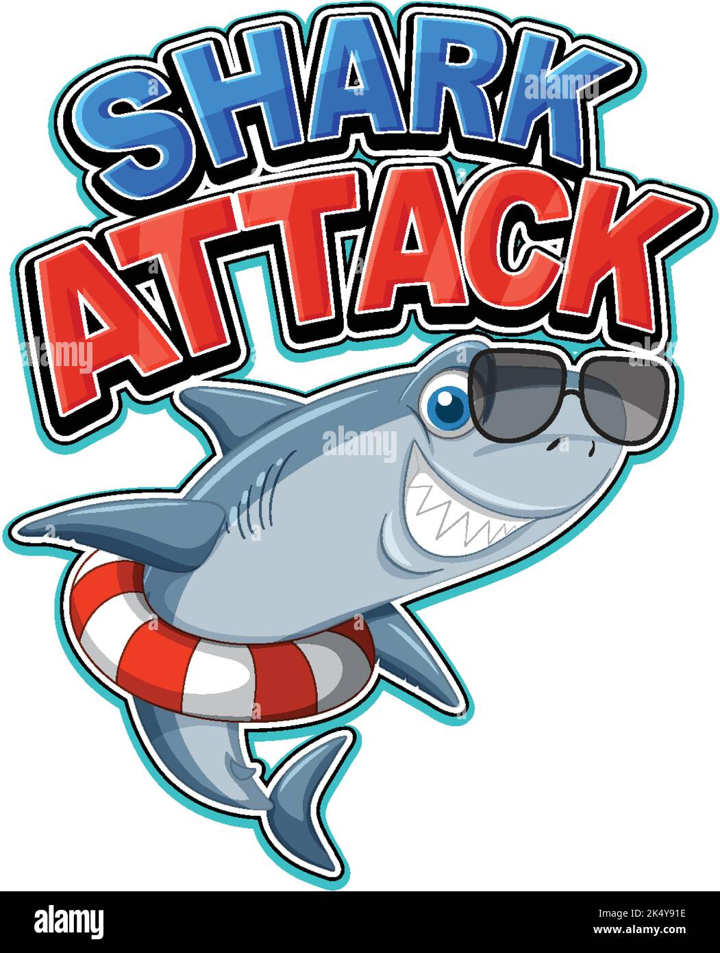 Shark attack icon with shark cartoon character wearing inflatable ring ...