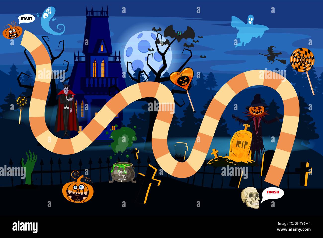Halloween Game board with characters and candy. Kids step boardgame ...