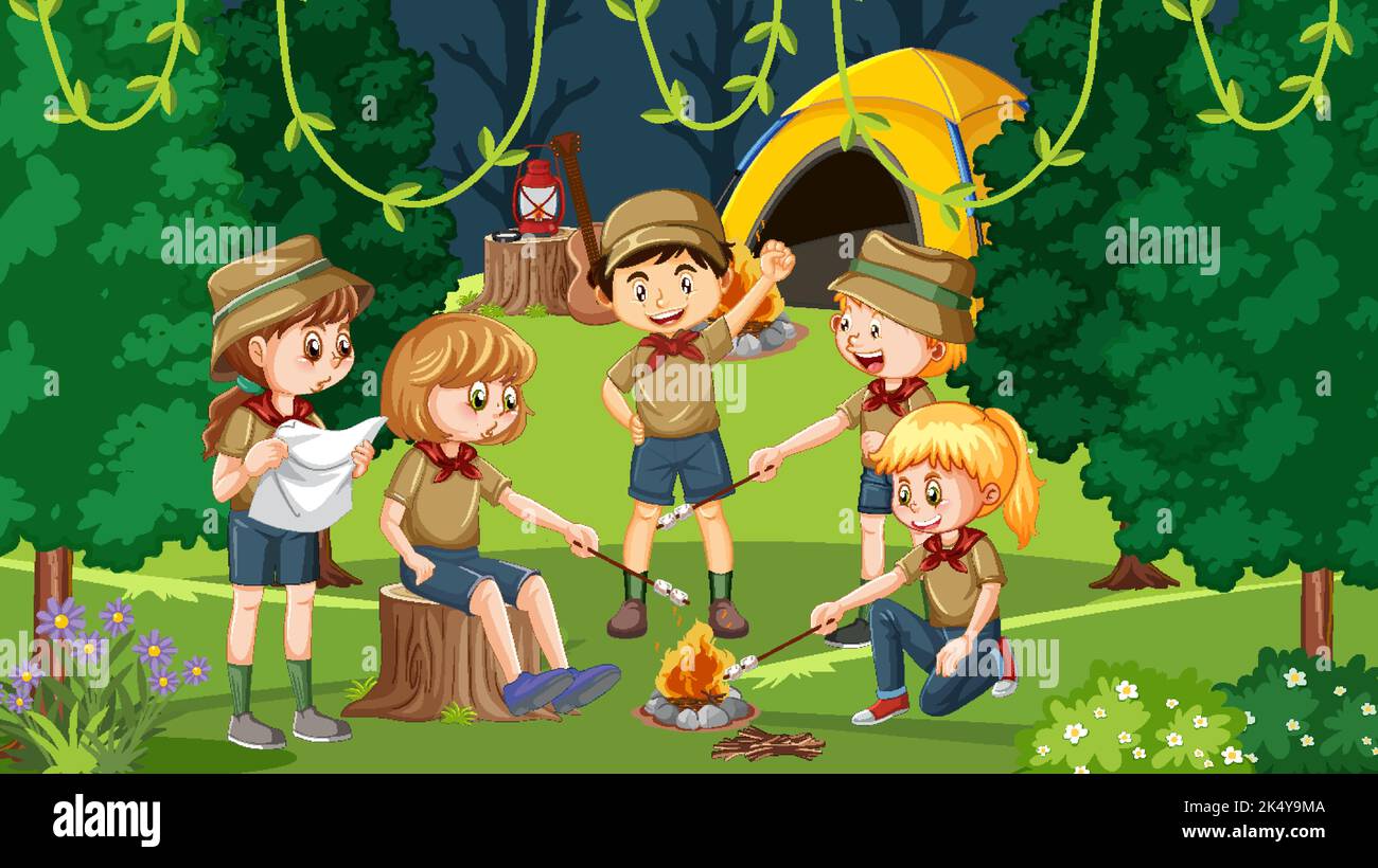 Outdoor camping with scout kids illustration Stock Vector Image & Art ...