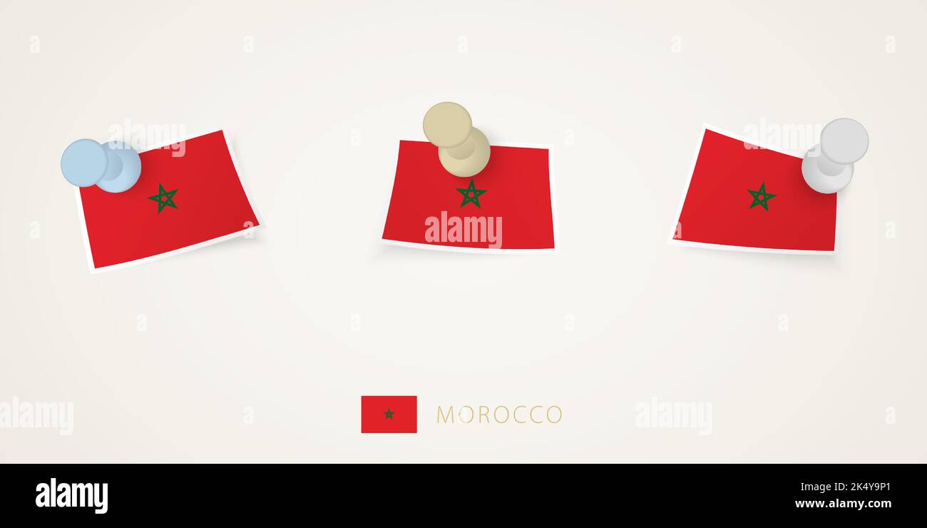 Pinned flag of Morocco in different shapes with twisted corners. Vector ...