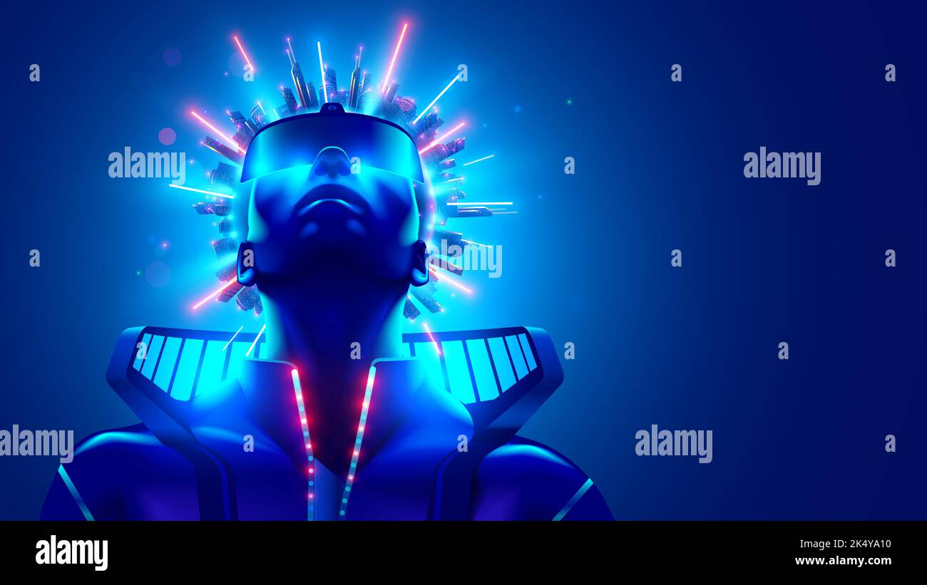 Man in VR AR 3d futuristic headset in virtual reality simulation in metaverse in cyberpunk style ...