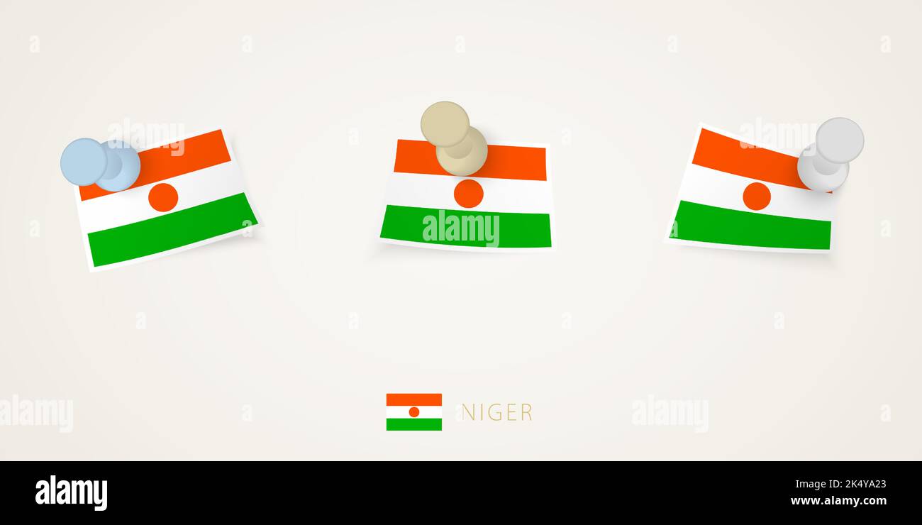 Pinned flag of Niger in different shapes with twisted corners. Vector ...