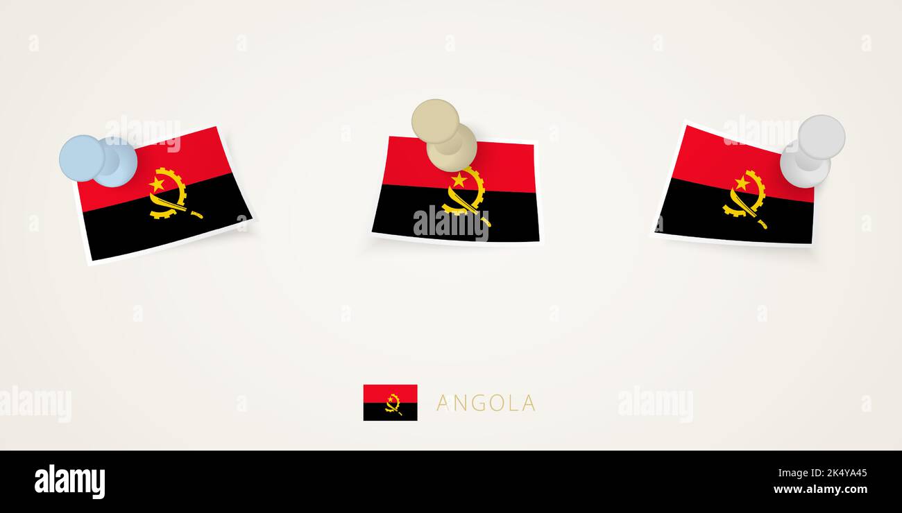 Pinned flag of Angola in different shapes with twisted corners. Vector pushpins top view. Flag ...